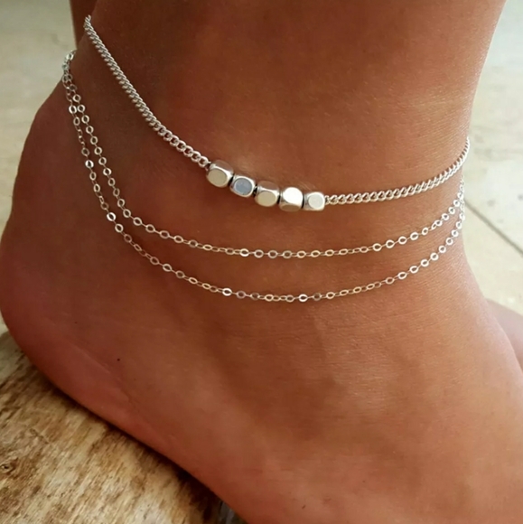 Jewelry | Silver 3 Strand Anklet With Silver Cubes | Poshmark